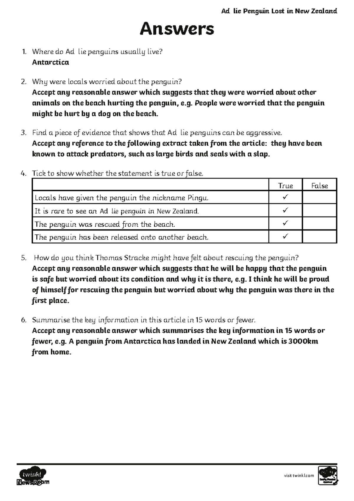UKS2 Daily Article Answers: Adélie Penguin Lost in New Zealand - Studocu
