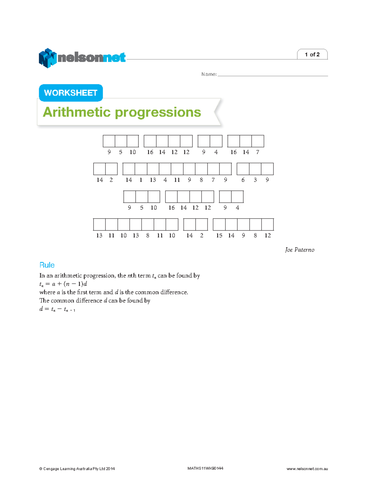 A series WS 1 - 1 of 2 Name: © Cengage Learning Australia Pty Ltd 2014 ...