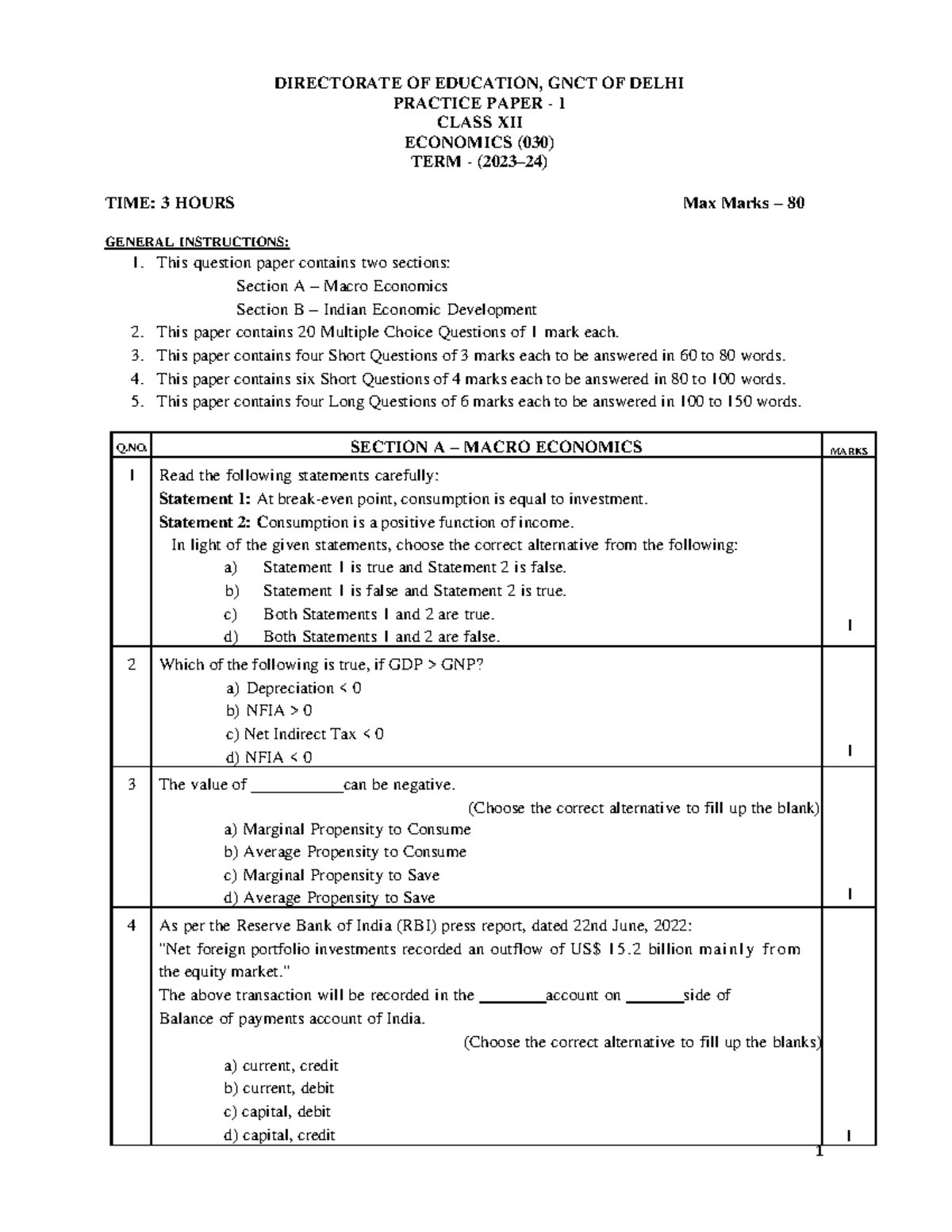Practice Paper 1: Class XII Economics (030) Term 2023-24 - Studocu