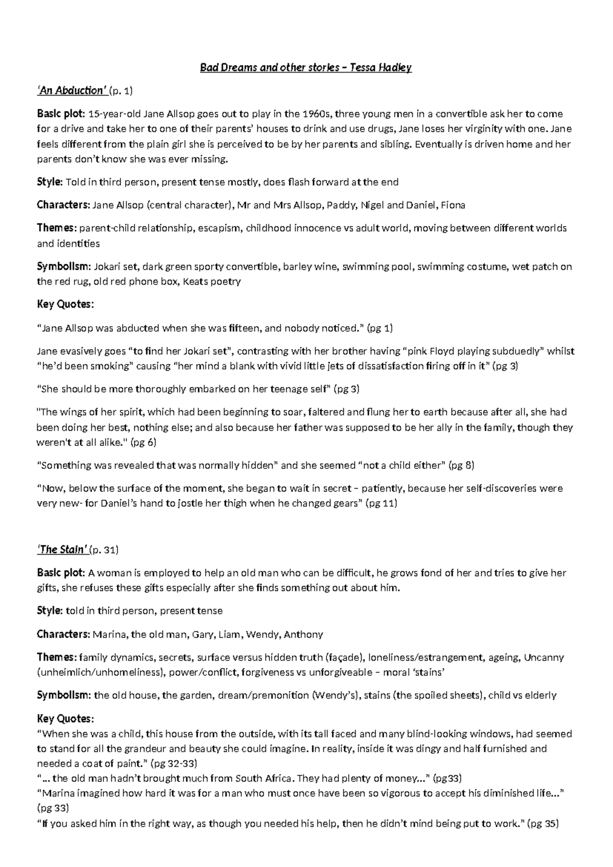 Final Exam Study Notes: Bad Dreams in Tessa Hadley's Short Stories ...