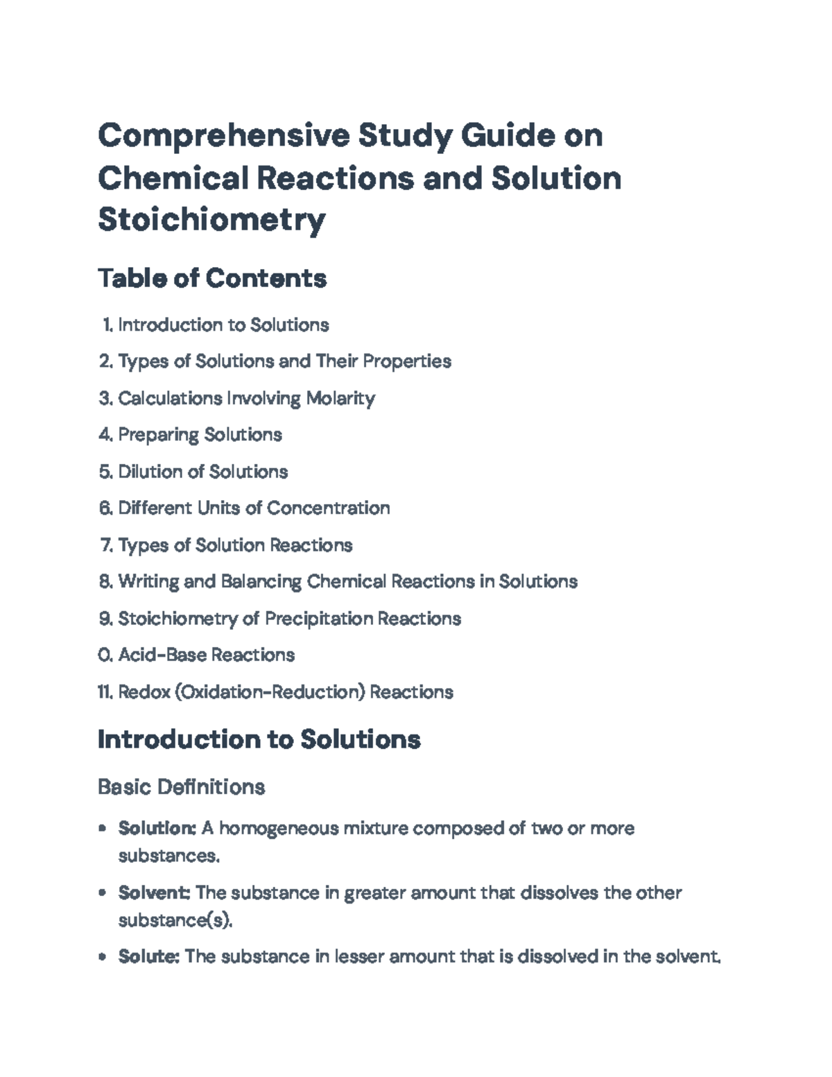 Chemical Reactions and Solution Stoichiometry Study Guide ...