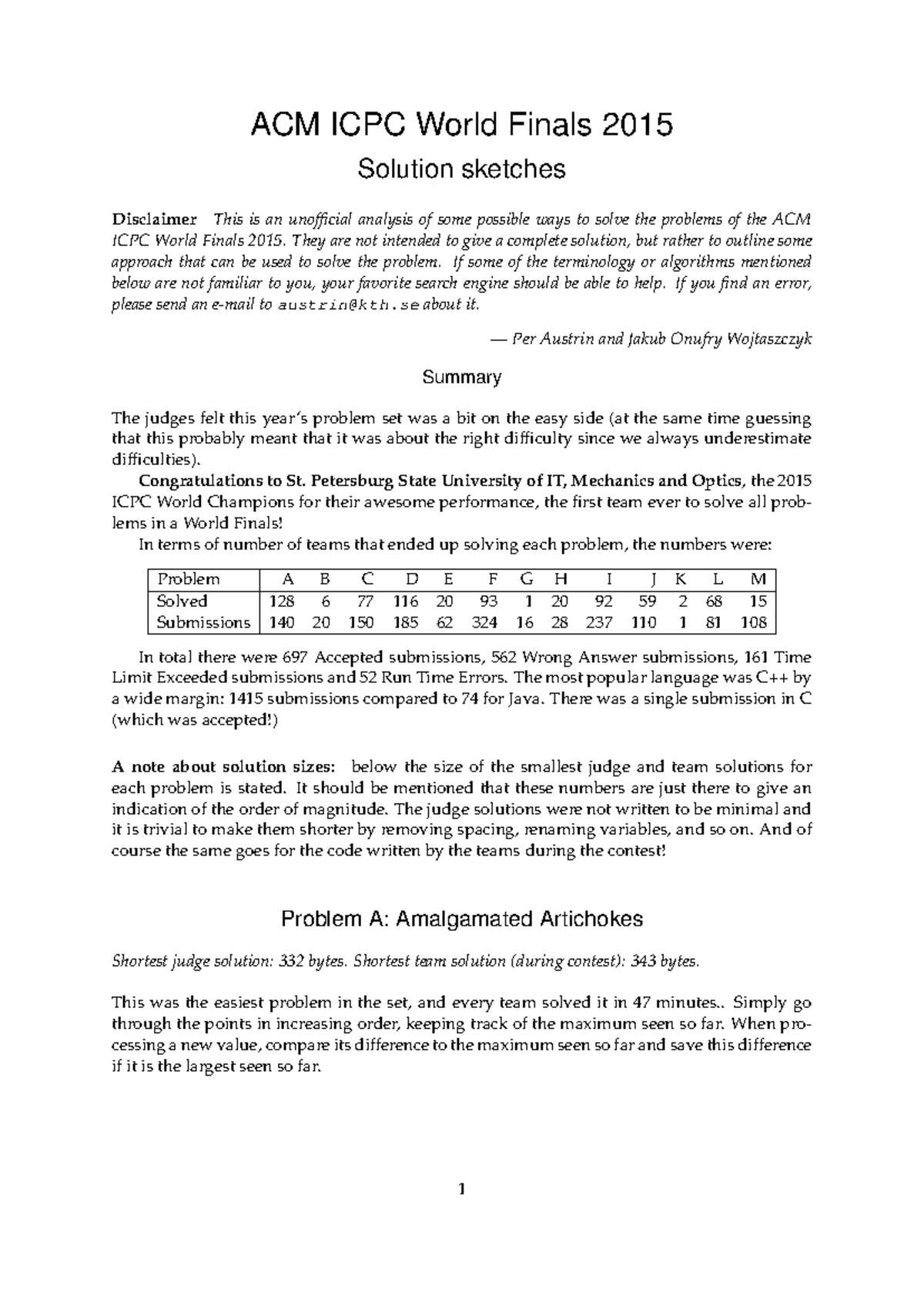 ACM ICPC World Finals 2015 - Unofficial Problem Solutions Analysis ...