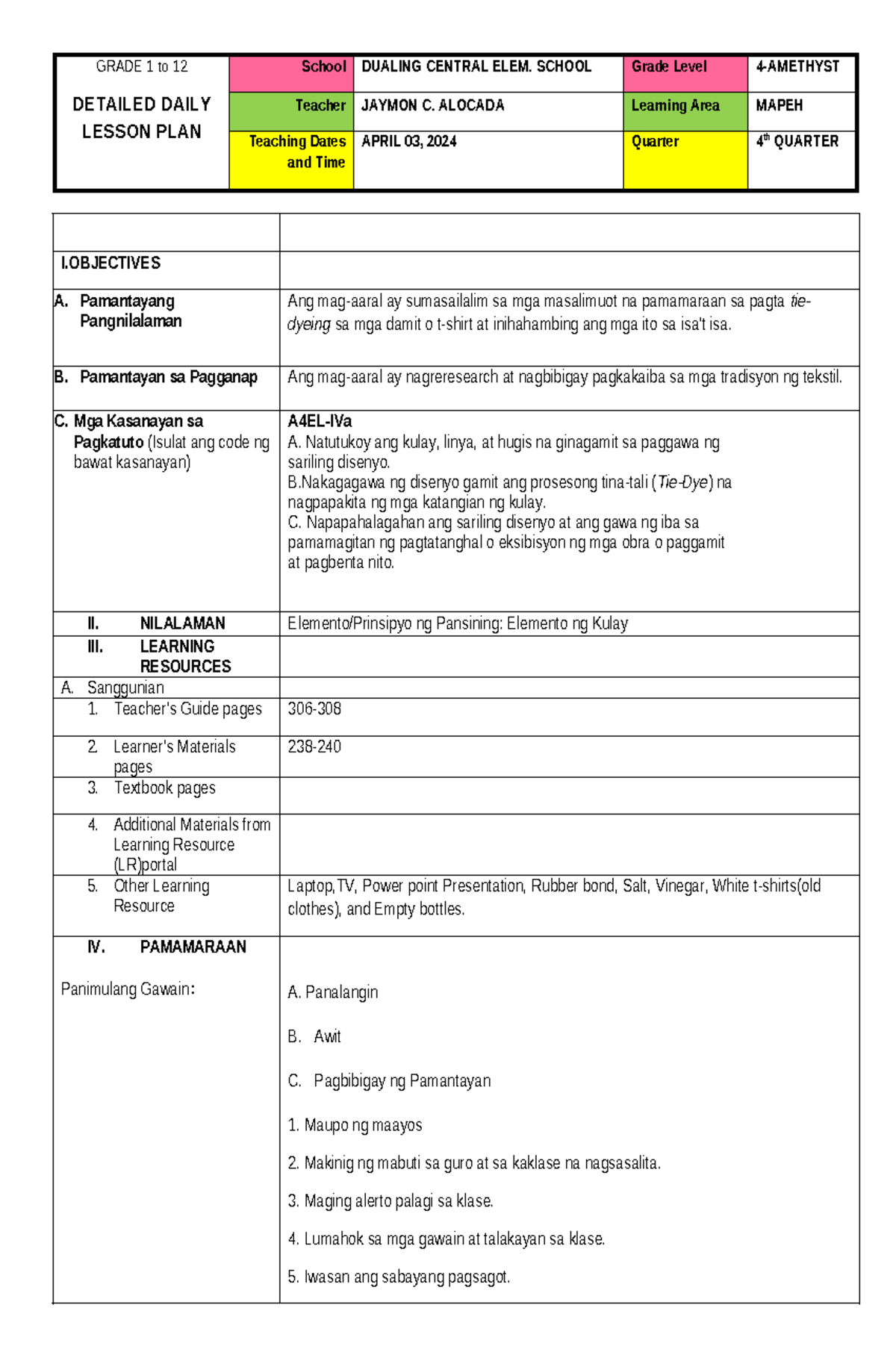 MAPEH 4: Detailed Daily Lesson Plan for Tie-Dye Activities - Studocu