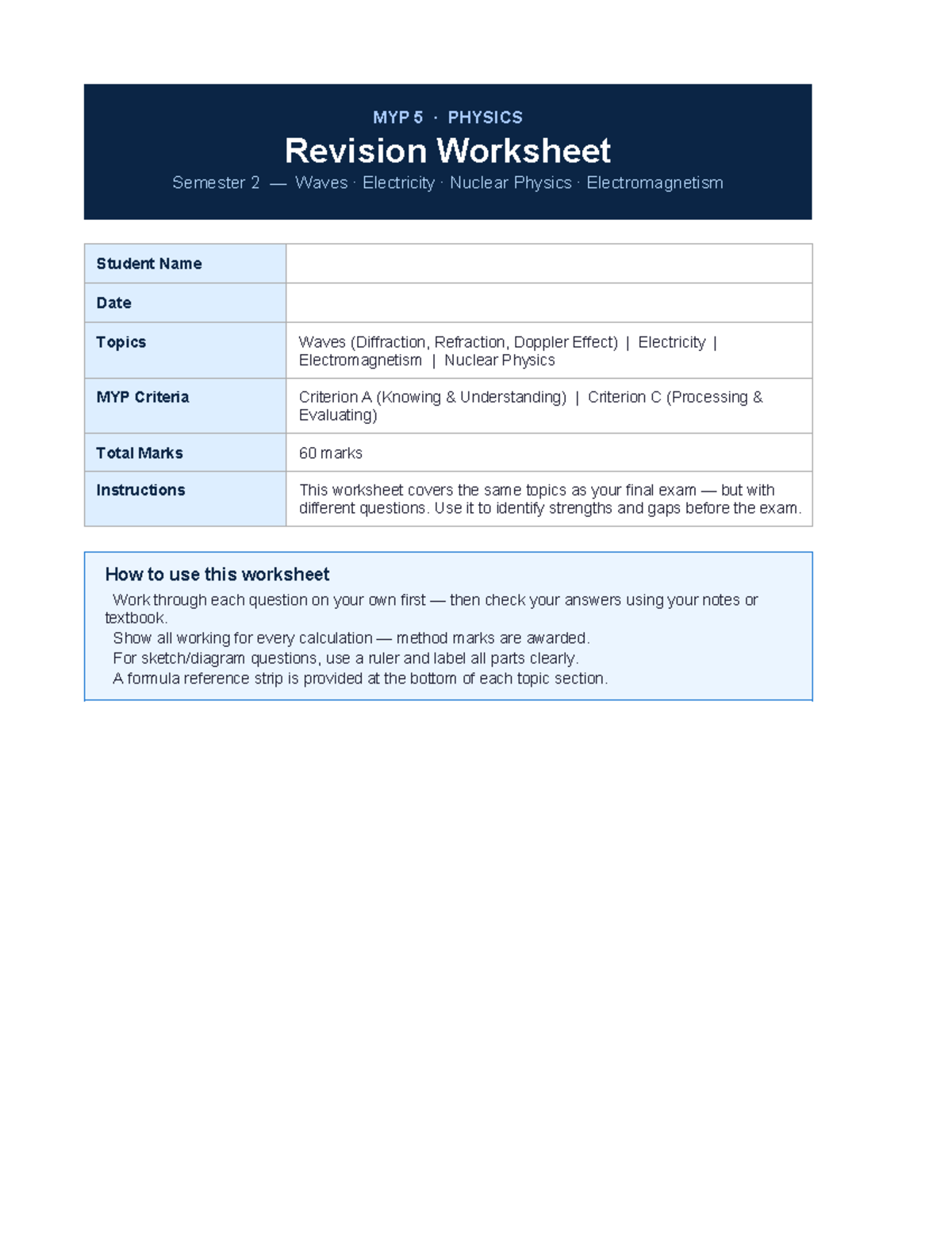 MYP 5 Physics Revision Worksheet: Semester 2 Exam Prep on Waves ...