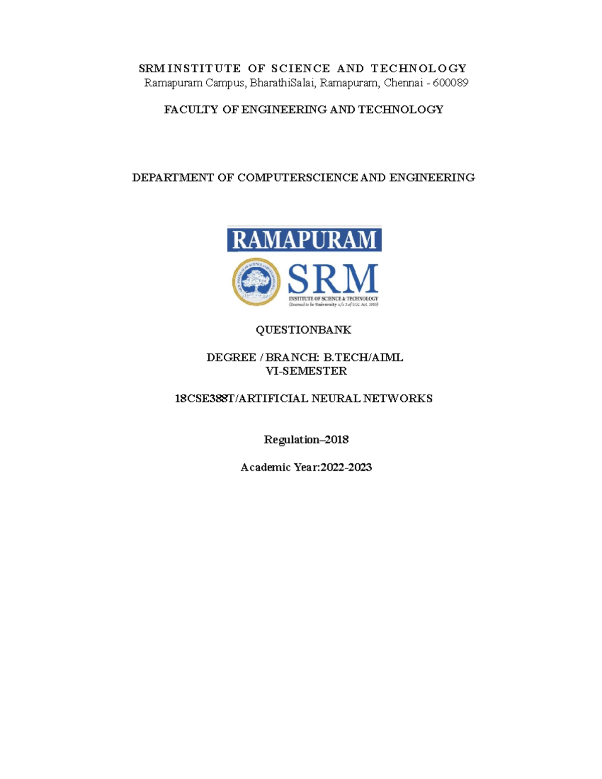 Artificial Neural Networks Question Bank - SRM INSTITUTE OF SCIENCE AND ...