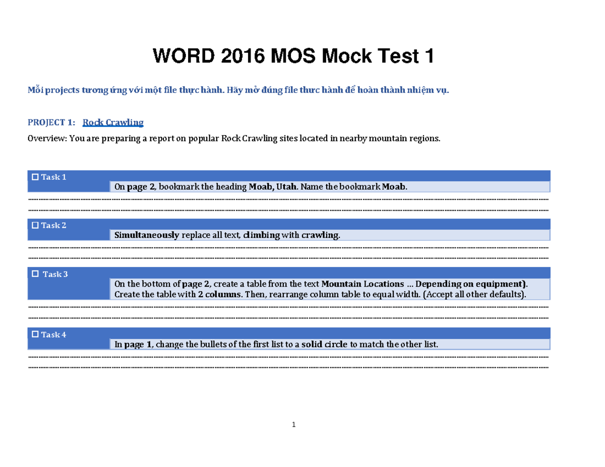 WORD 2016 MOS Mock Test 1: Practice Projects Overview - Studocu