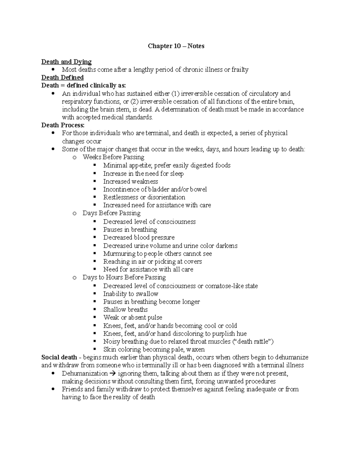 Chapter 10 - Notes - Chapter 10 – Notes Death and Dying Most deaths ...