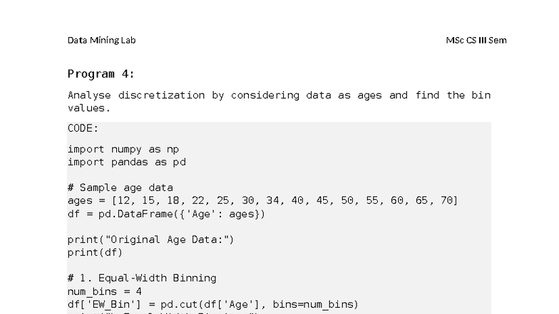Data Mining Lab MSc CS Sem 4: Discretization & Binning Analysis - Studocu