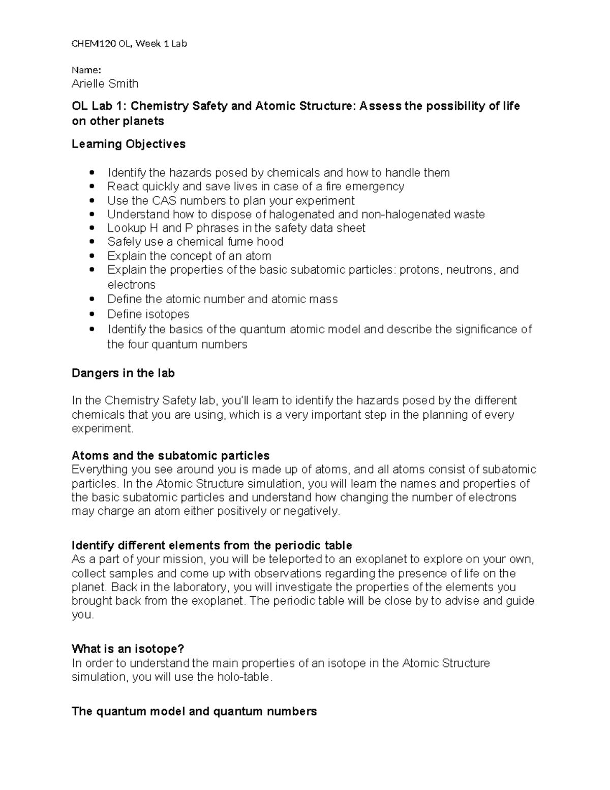 Week 1 Lab-Chemistry Safety and Atomic Structure Assess the possibility ...