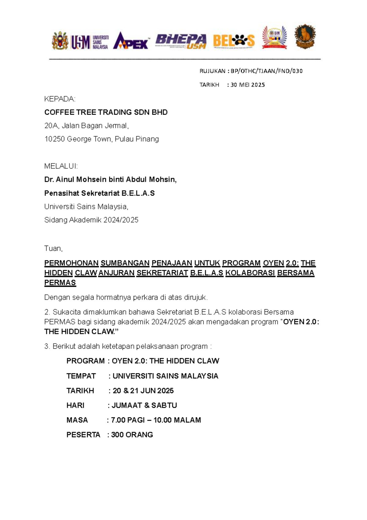 Surat Penajaan untuk Program Oyen 2.0: The Hidden Claw - RUJUKAN 030 ...