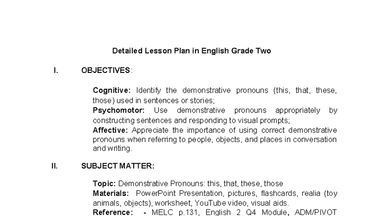 Detailed Lesson Plan: Demonstrative Pronouns for English 2 (PROF-ED3 ...