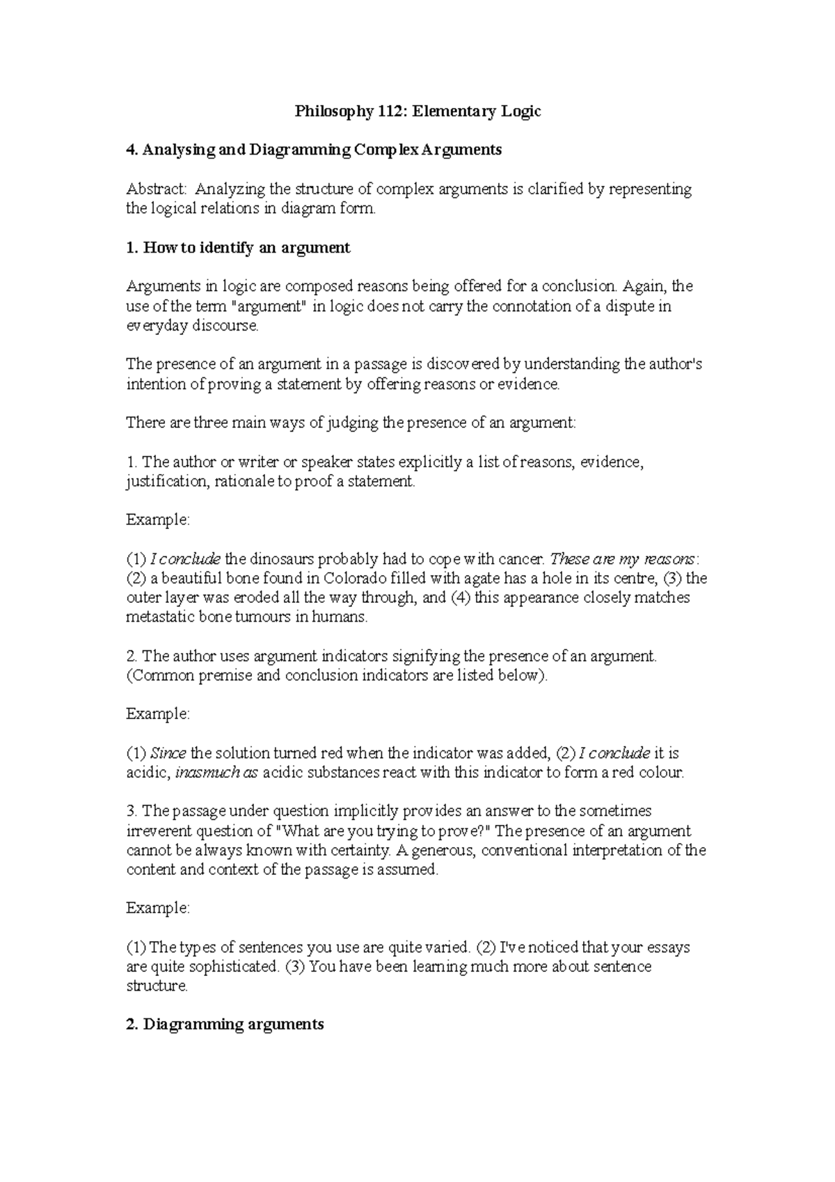 4 Analysing and Diagramming Complex Arguments - Copy - Philosophy 112: Elementary Logic ...