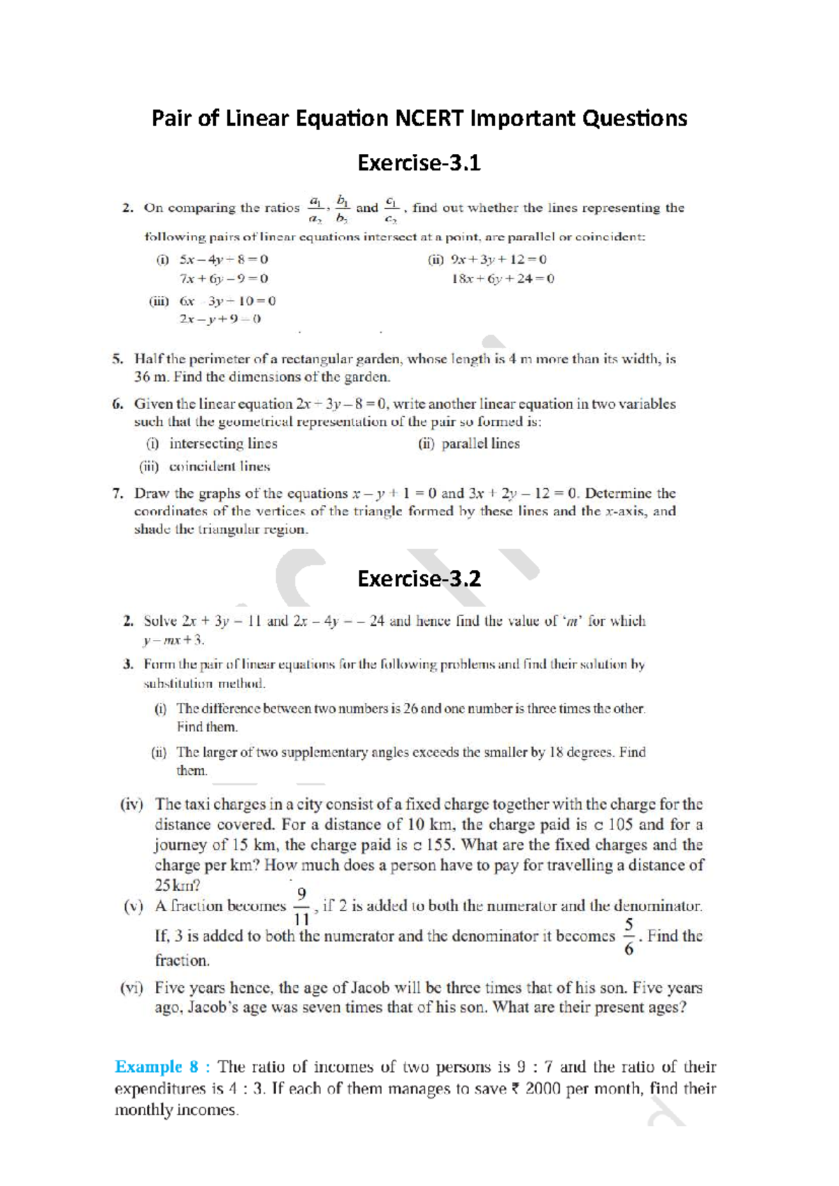 Pair of Linear Equations NCERT Important Questions & Solutions - Studocu