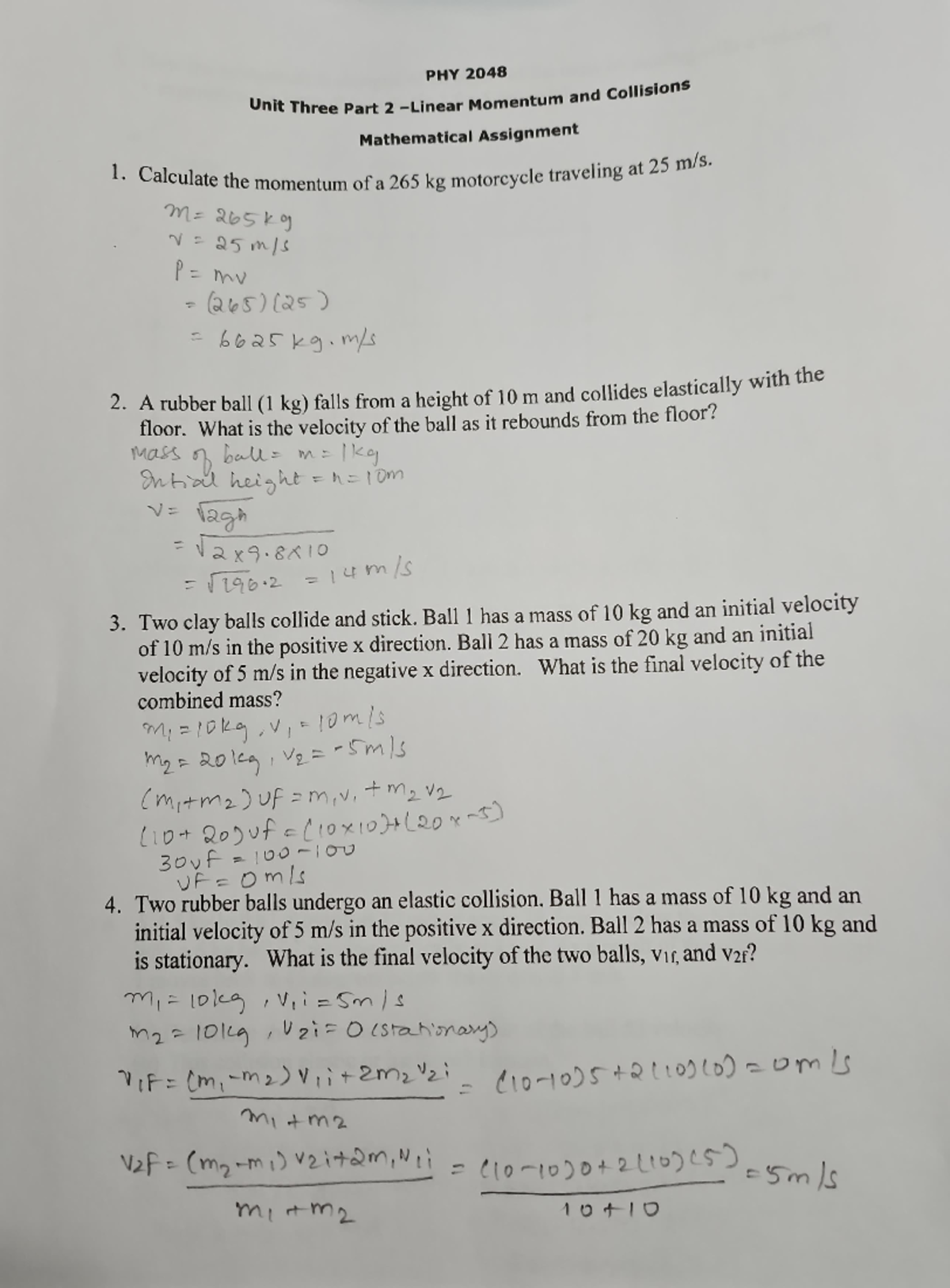 PHY 2048 Unit 3 Assignment Part 2: Linear Momentum and Collisions - Studocu
