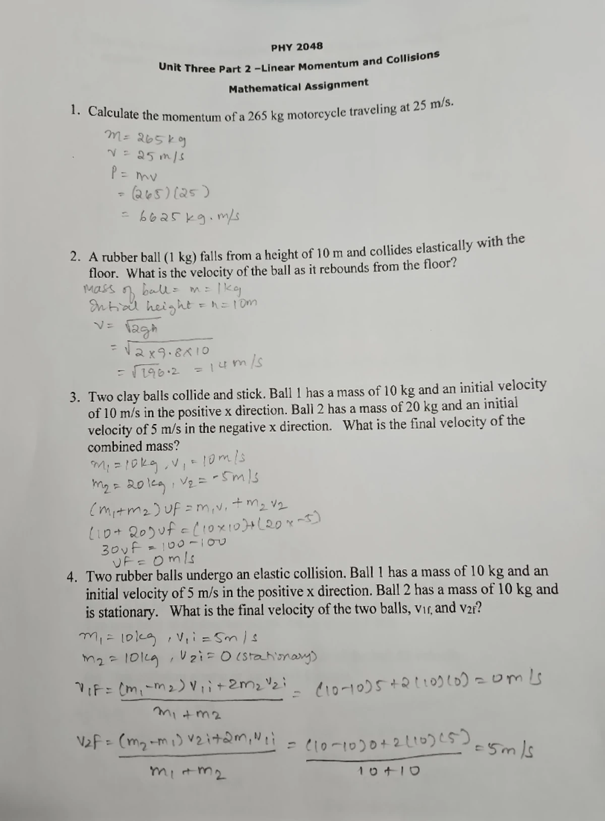 Unit3 Part 2 assignment - PHY 2048 Unit Three Part 2 –Linear Momentum ...
