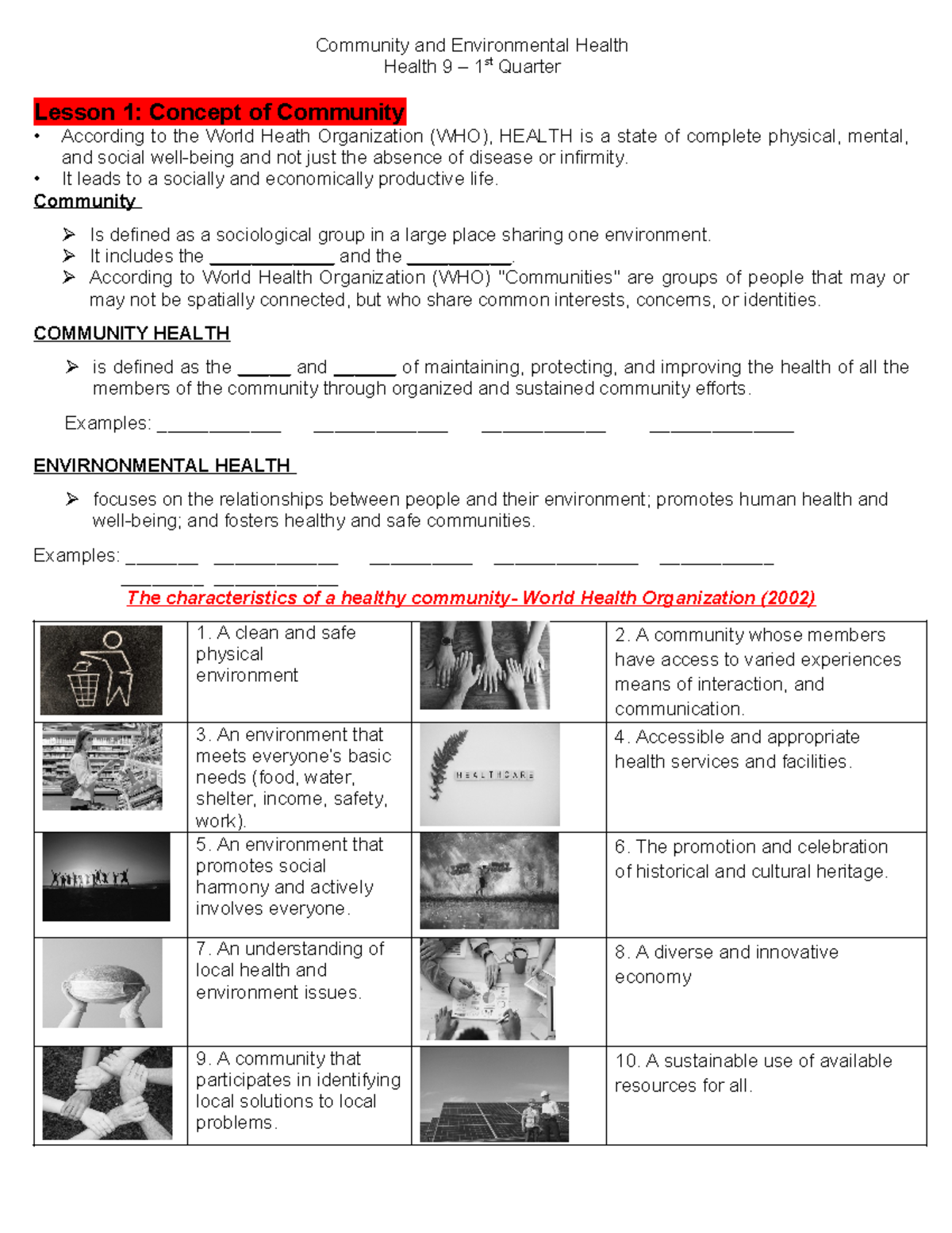 Health 9 - Community & Environmental Health Lesson 1 Overview - Studocu
