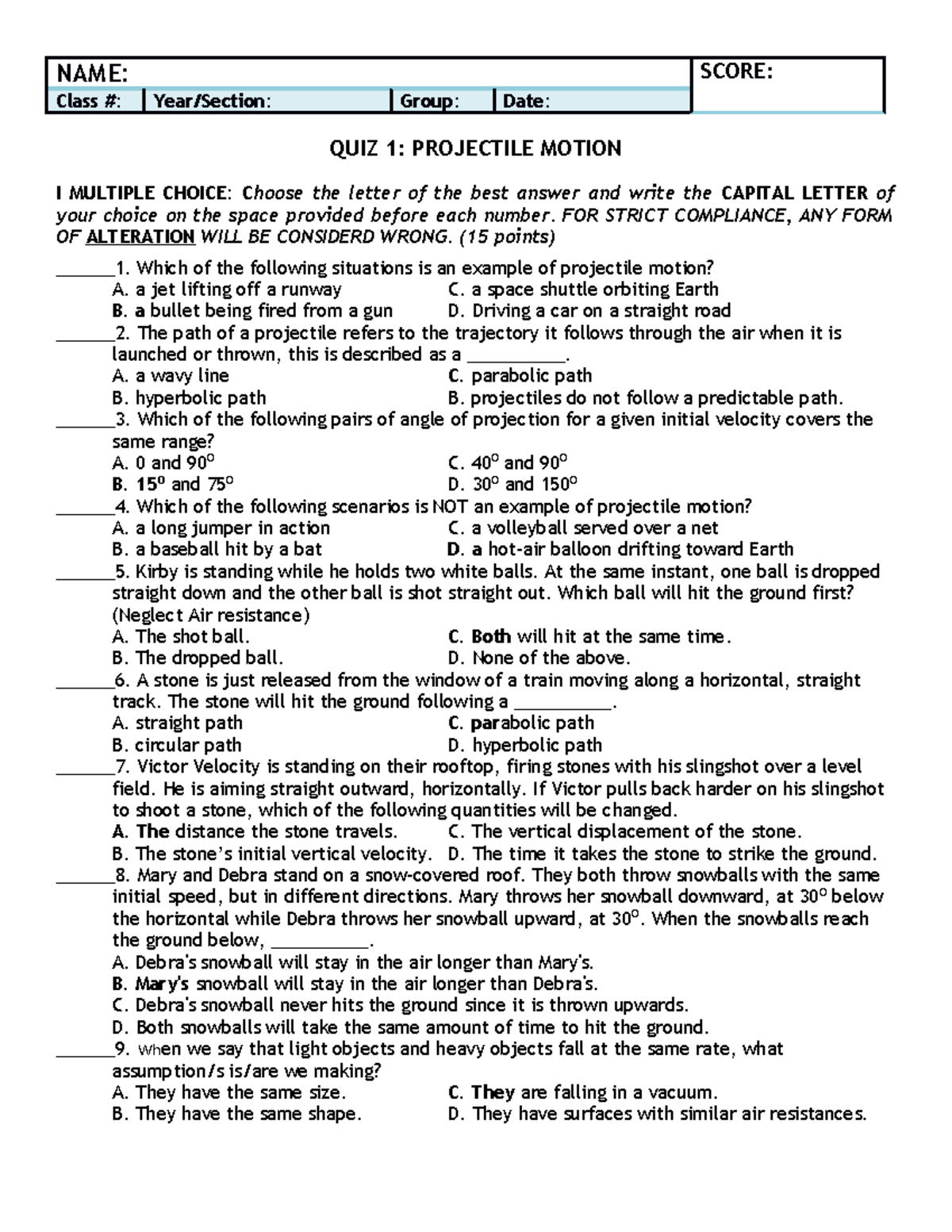 Science 9 4th quiz 1 projectile motion - NAME: SCORE: Class #: Year ...