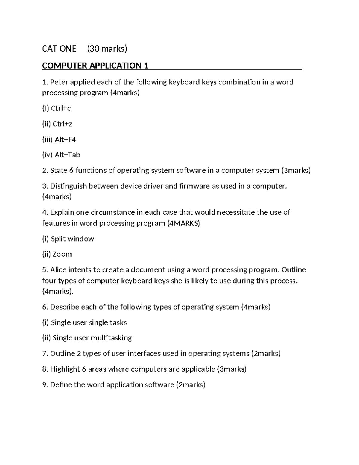 CAT 1 (30 Marks) Computer Application: Key Concepts & Functions - Studocu