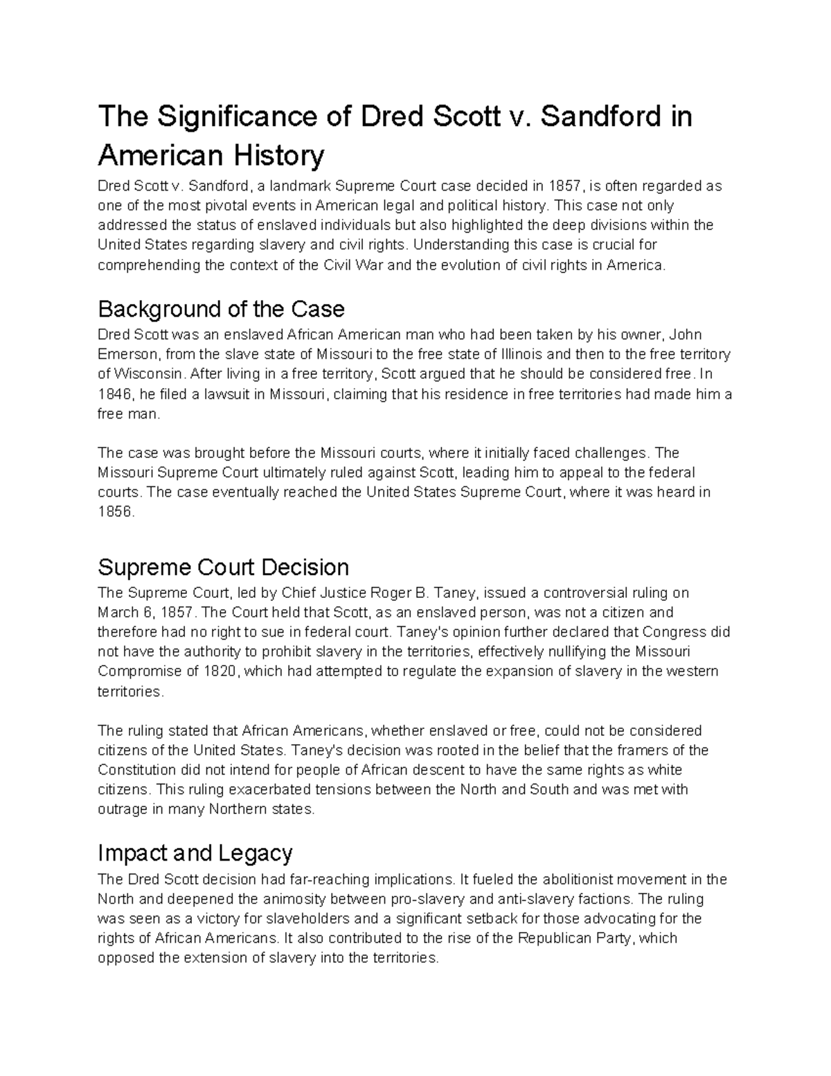 Copy of Student Copy -The Significance of Dred Scott v Sandford - The ...