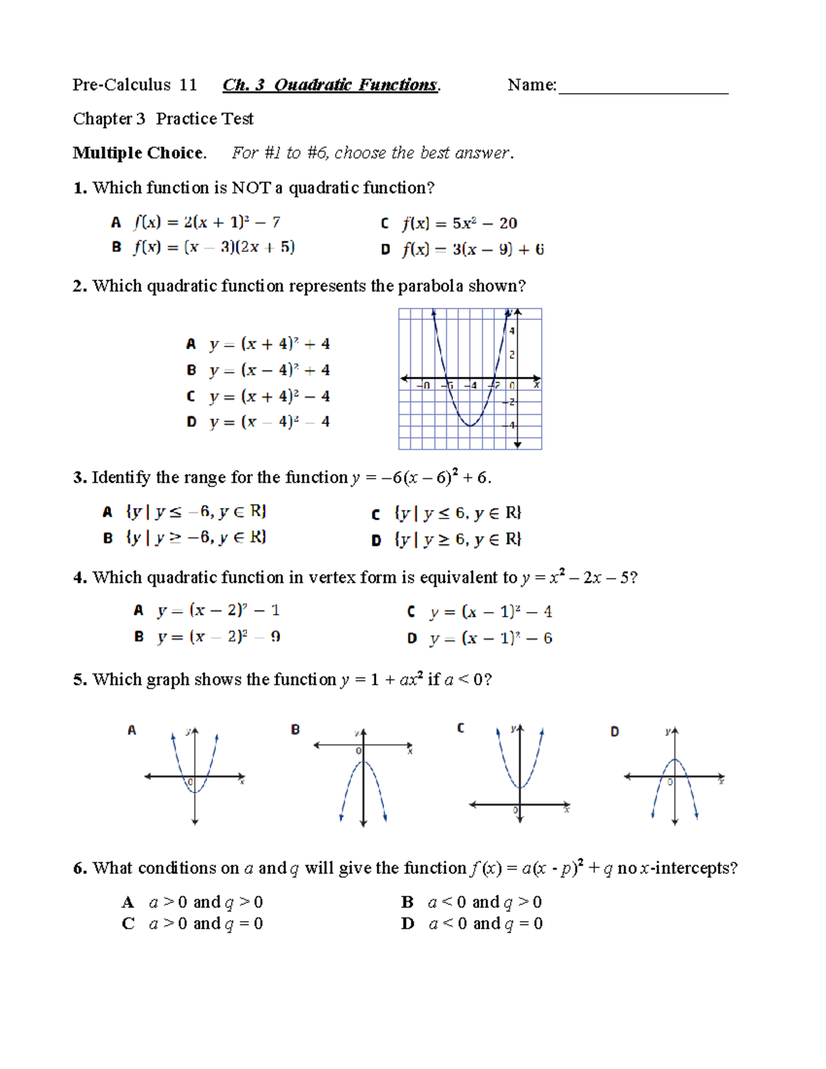 Pre-Cal 11 Ch 3 Quadratic Functions Practice Test - Studocu