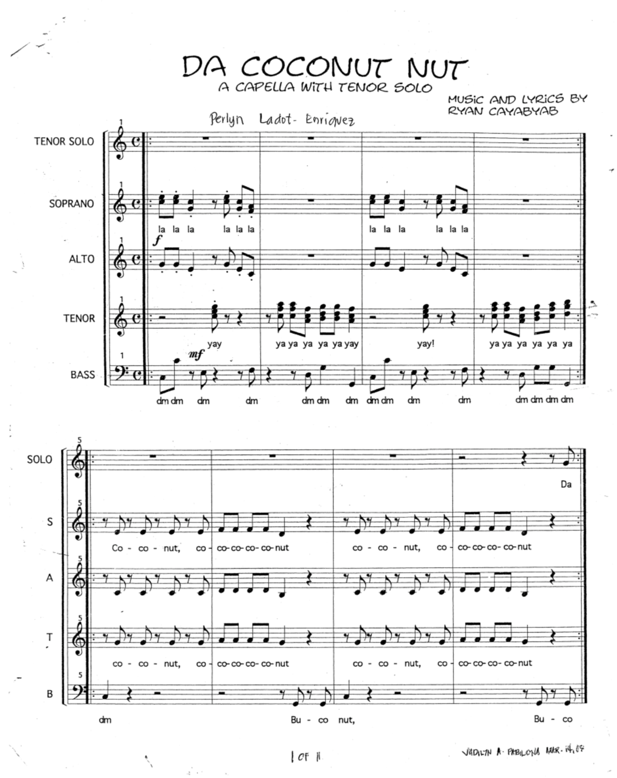 Da-Coconut-Nut: A Capella Tenor Solo Music & Lyrics - Studocu