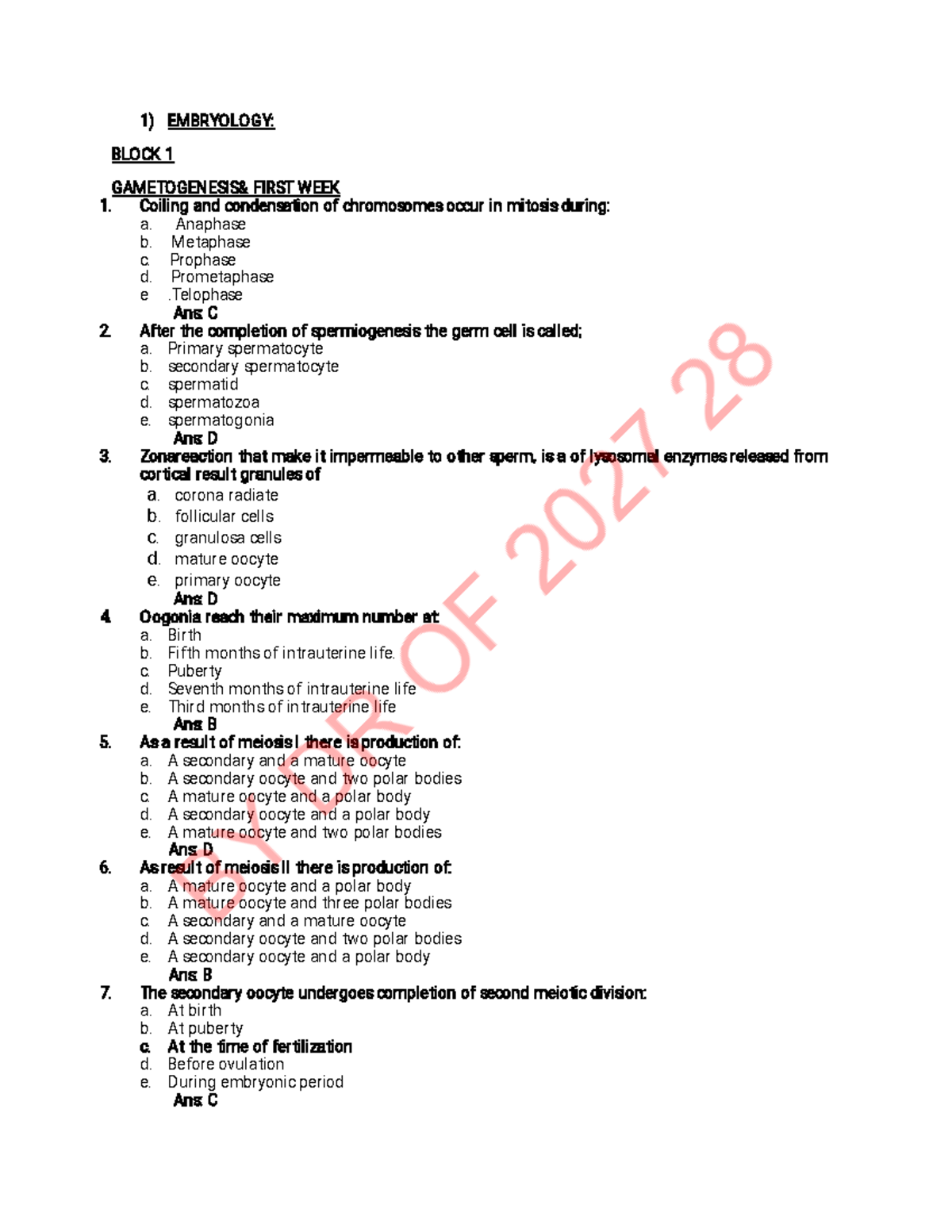 1st Year Embryology MCQs: Key Concepts and Answers - Studocu