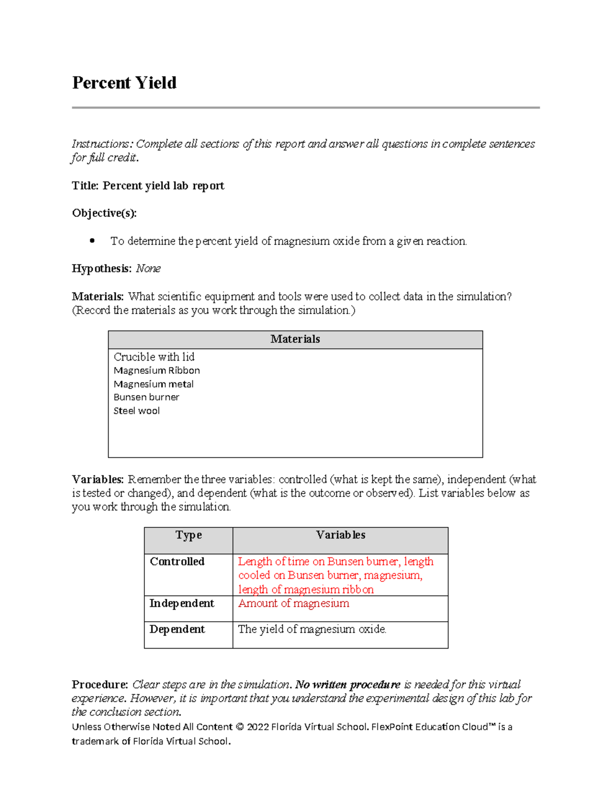 Percent Yield Lab Report for Chemistry 05 07: Analysis of MgO ...