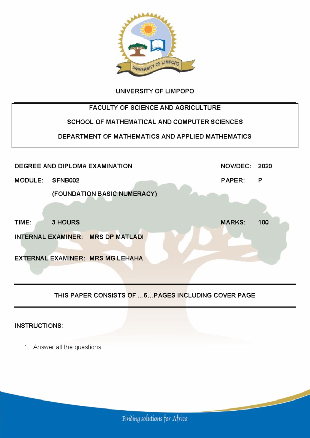 SFNB002 Foundation Basic Numeracy Exam Paper Nov/Dec 2020 - Studocu