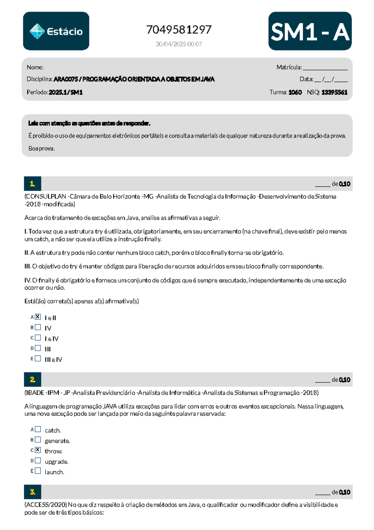Ara0075 Prova Final De Programação Orientada A Objetos Em Java Turma