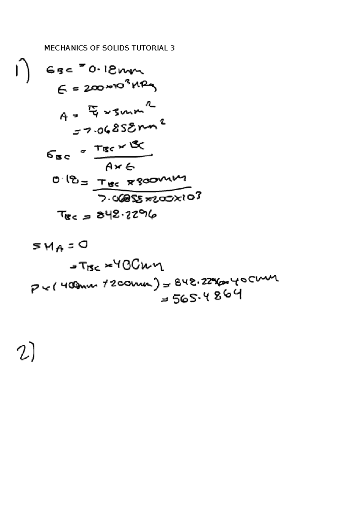 Tutorial Quiz 3 - Quiz Answers - 048331 - MECHANICS OF SOLIDS TUTORIAL ...