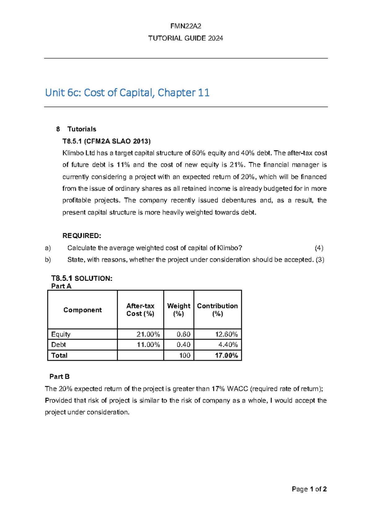FMN22A2 TUTORIAL GUIDE 2024: Unit 6c Cost of Capital Solutions - Studocu