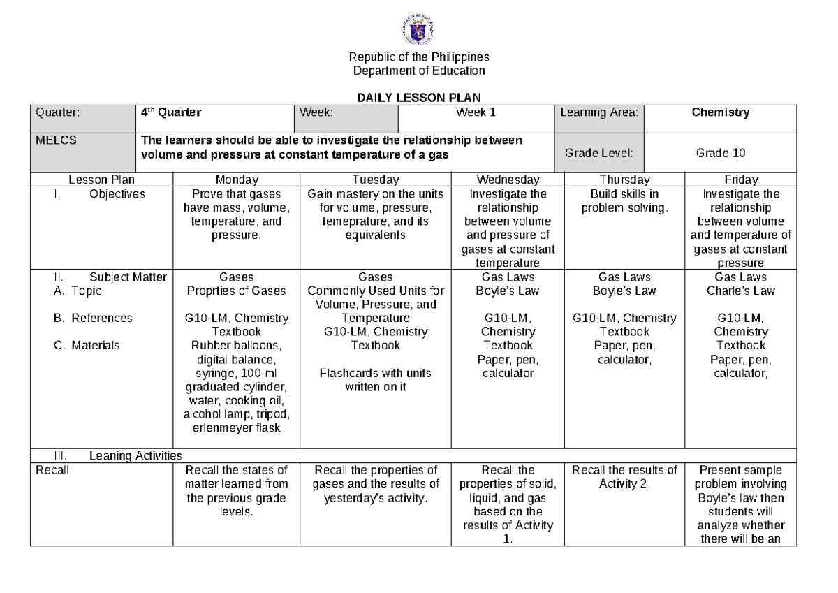 Chemistry 10: Daily Lesson Plan for Gases - Week 1, Quarter 4 - Studocu