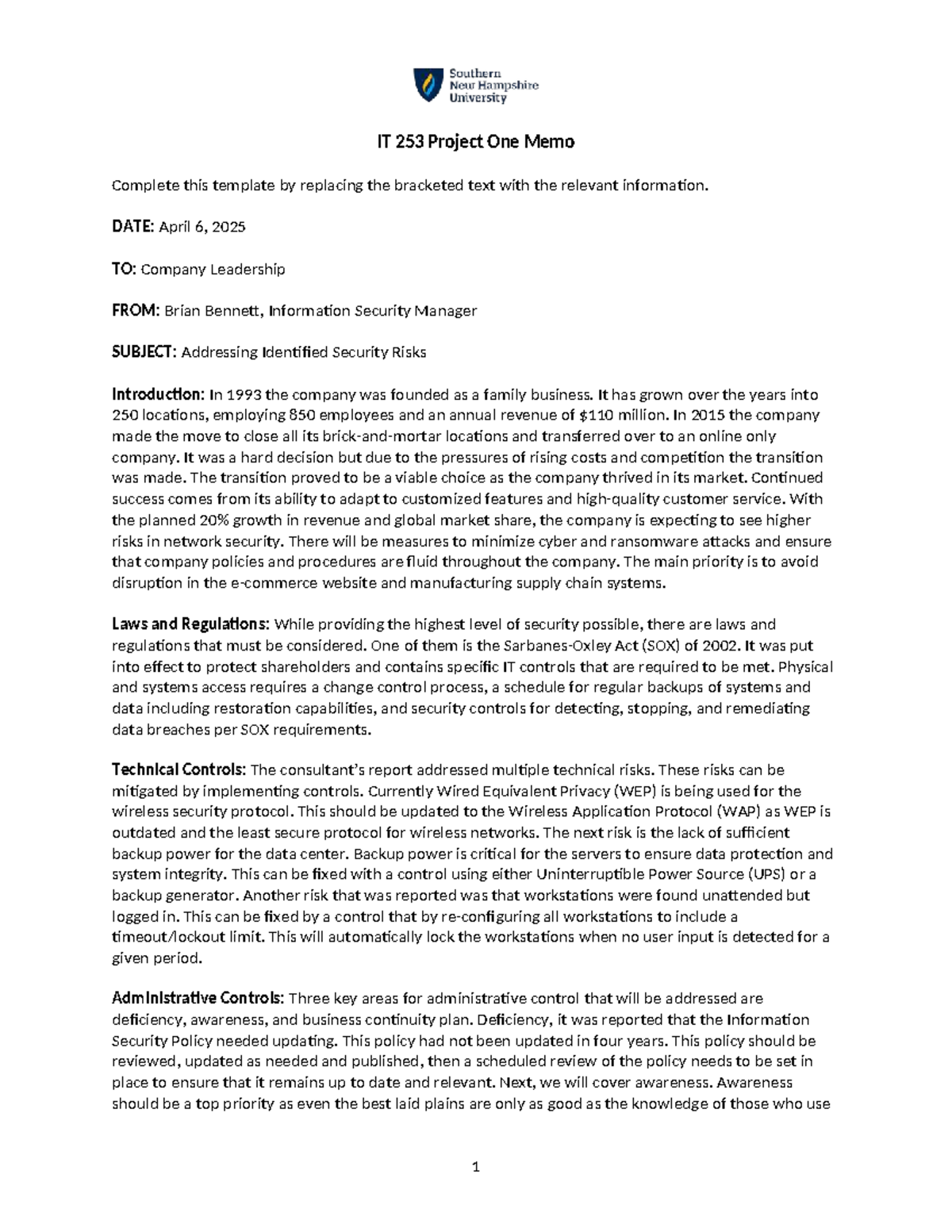 IT 253 Project One Memo: Addressing Security Risks and Controls - Studocu