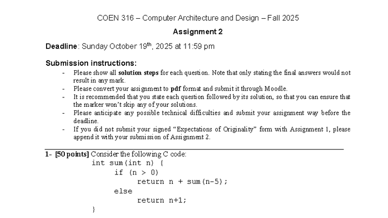Coen 316 Computer Architecture & Design Fall 2025 Assignment 2 - Studocu