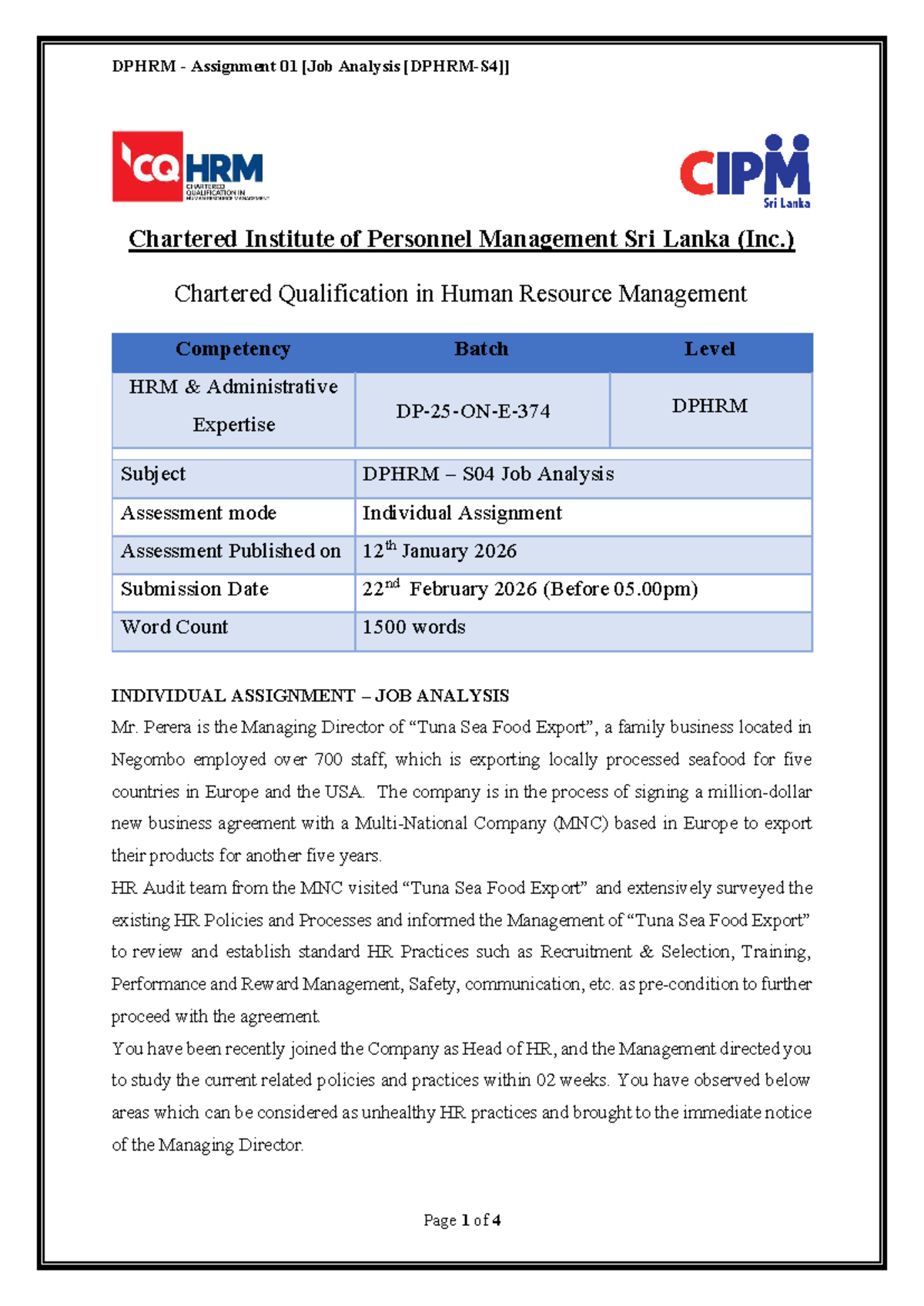 DPHRM S04 Individual Assignment: Job Analysis for HR Practices - Studocu