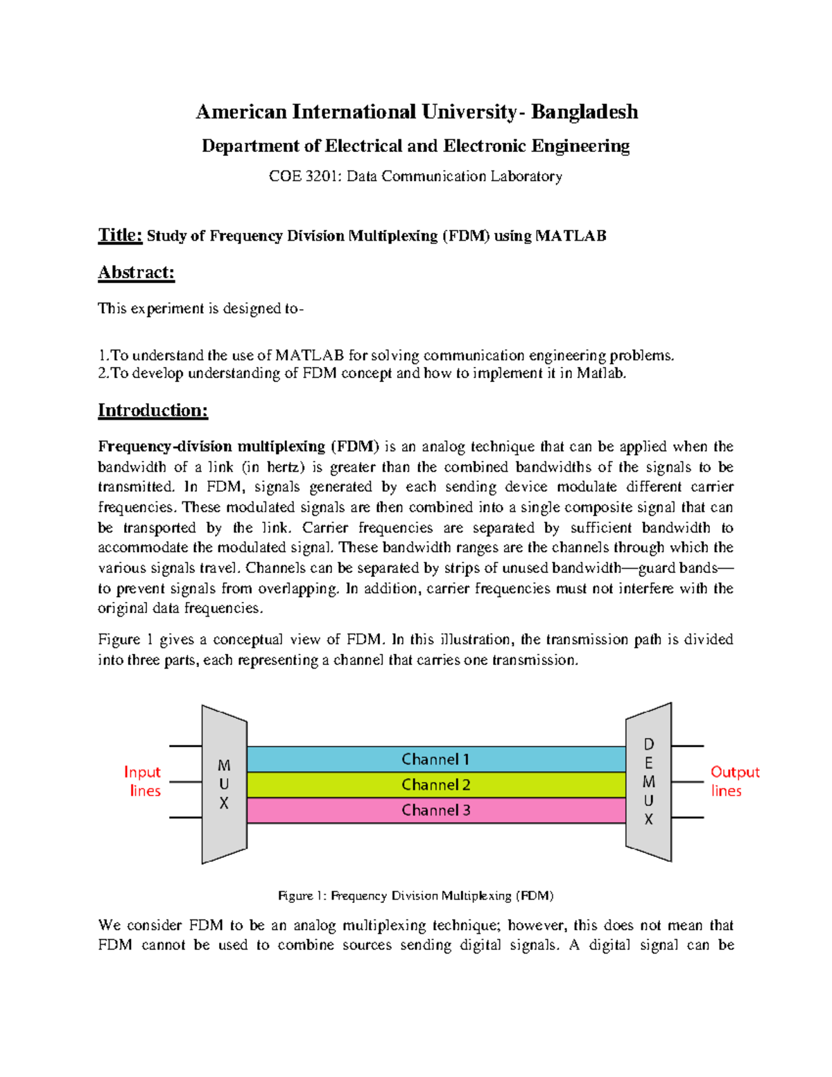 COE 3201: Data Communication Lab - FDM Study Using MATLAB - Studocu