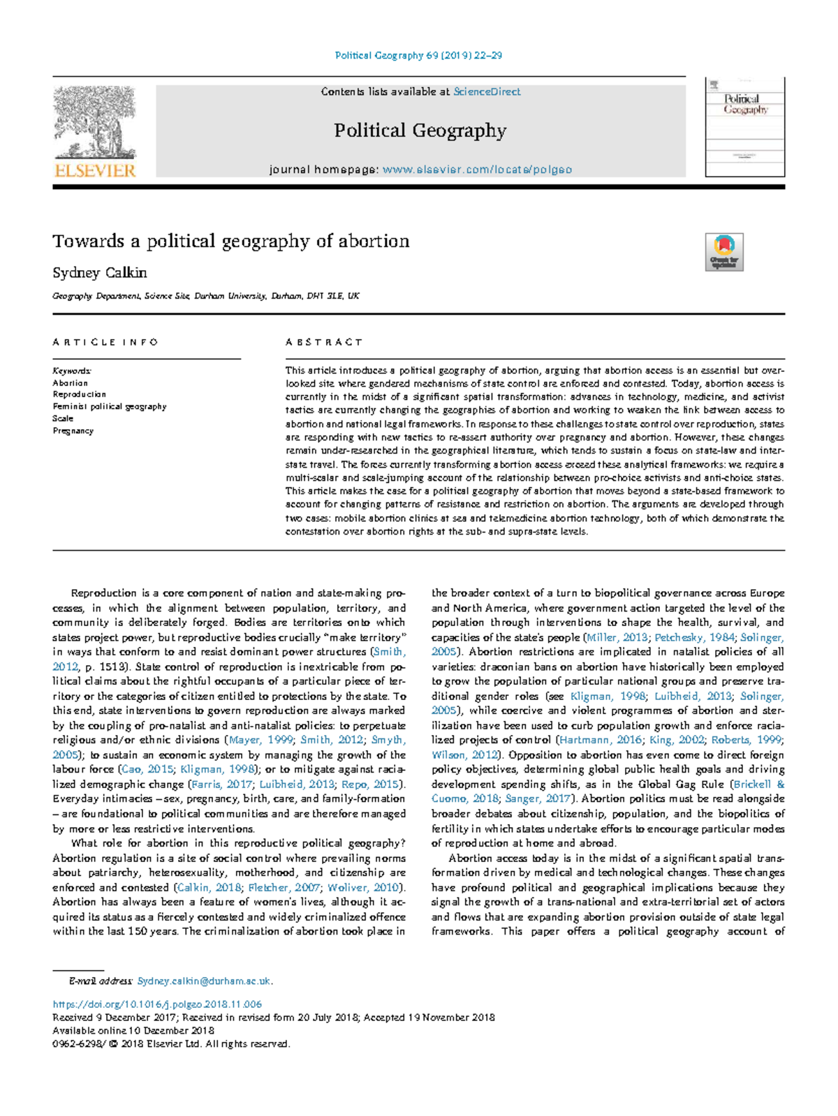 Political Geography 69: Exploring the Spatial Dynamics of Abortion ...