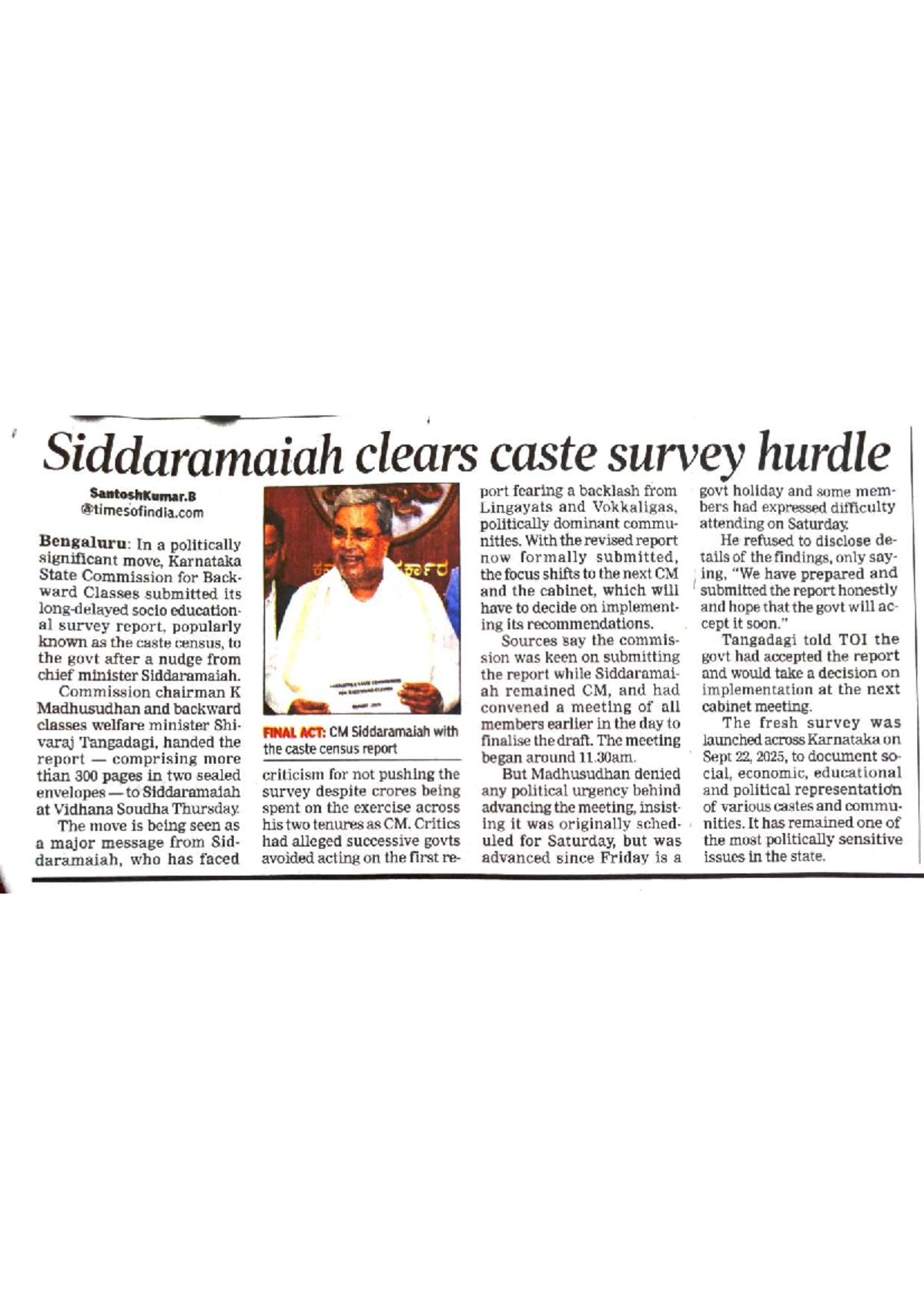 Karnataka Caste Census Report Submission - Key Developments - Studocu