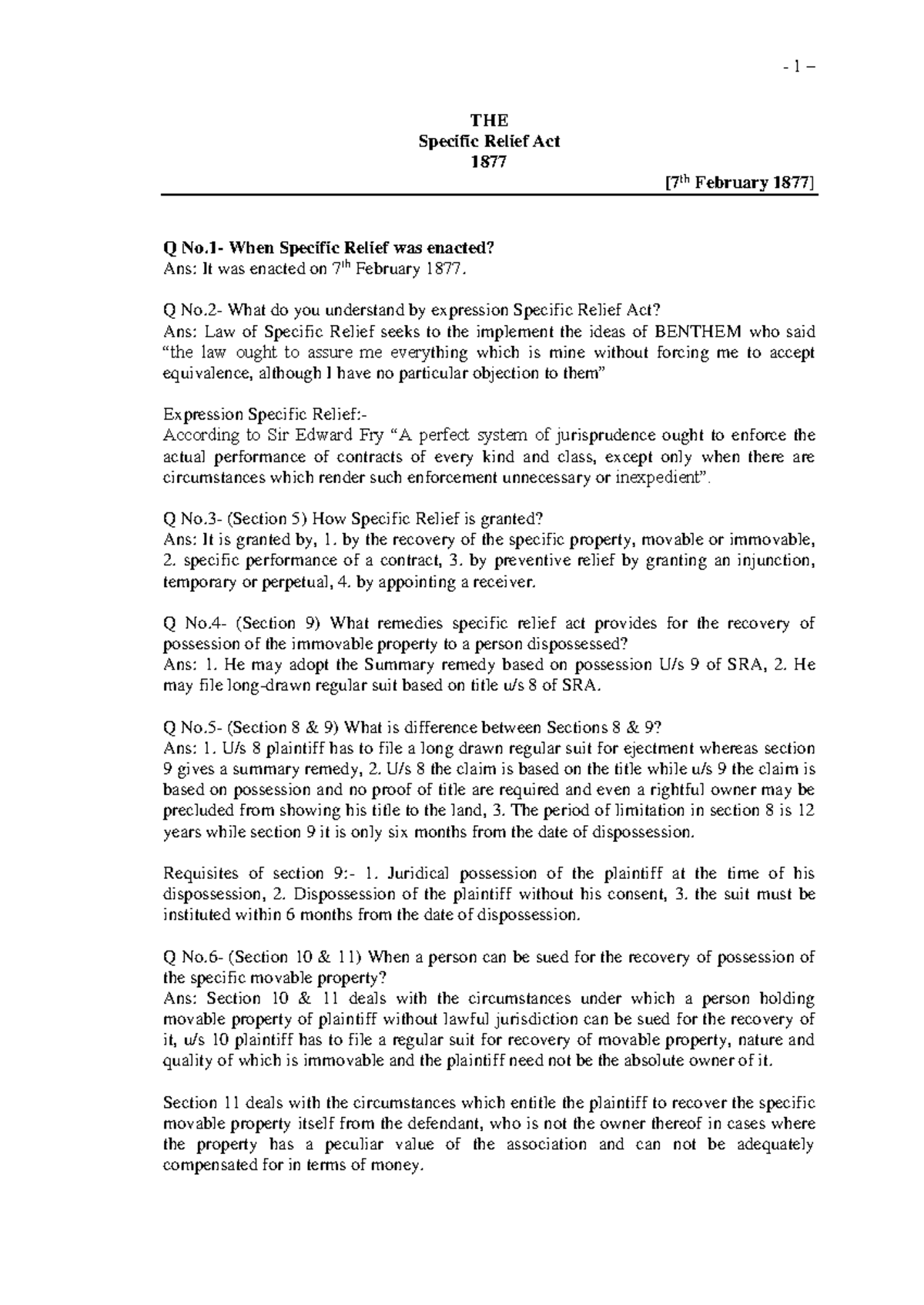Q&A Notes on Specific Relief Act 1877 (Law 101) - Studocu