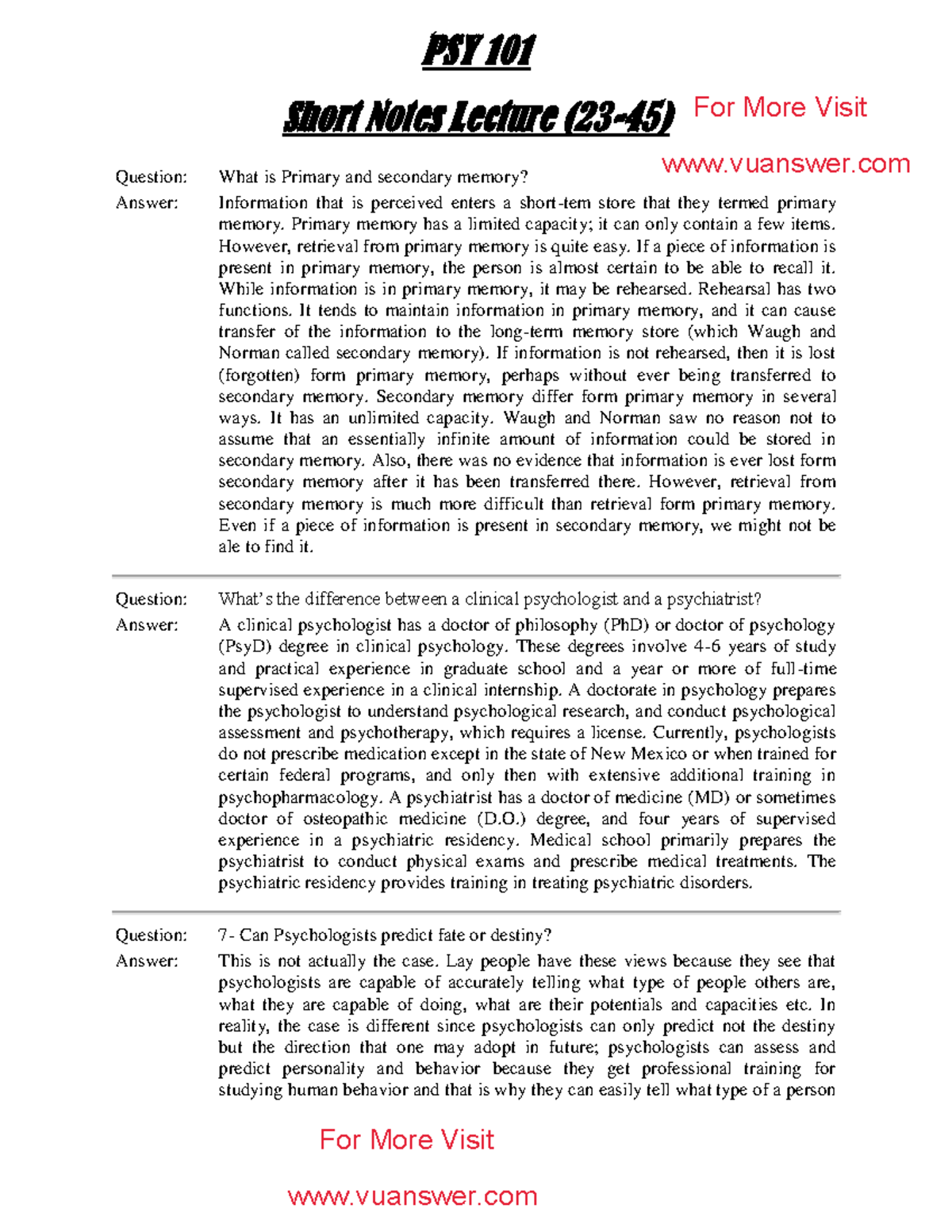 PSY101 Lecture Short Notes on Memory, Psychology & Emotions - Studocu