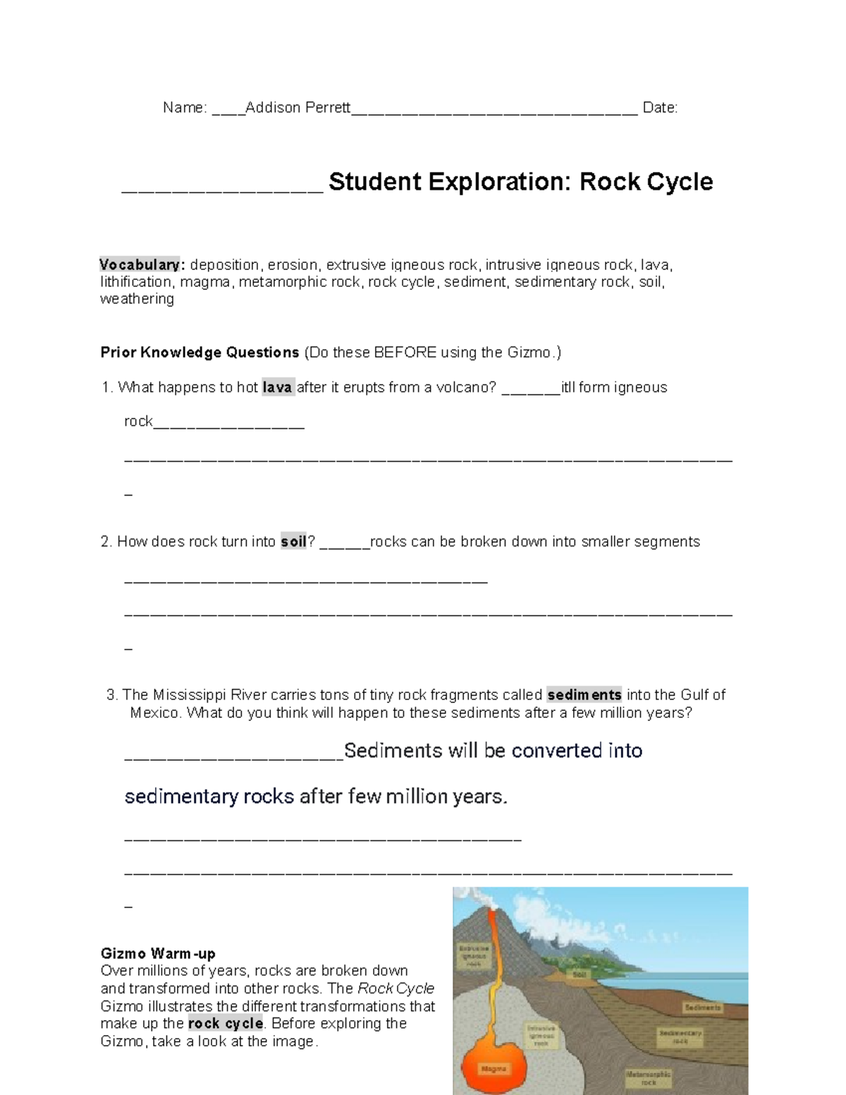 Rock Cycle Student Exploration Sheet - Science Study Guide - Studocu