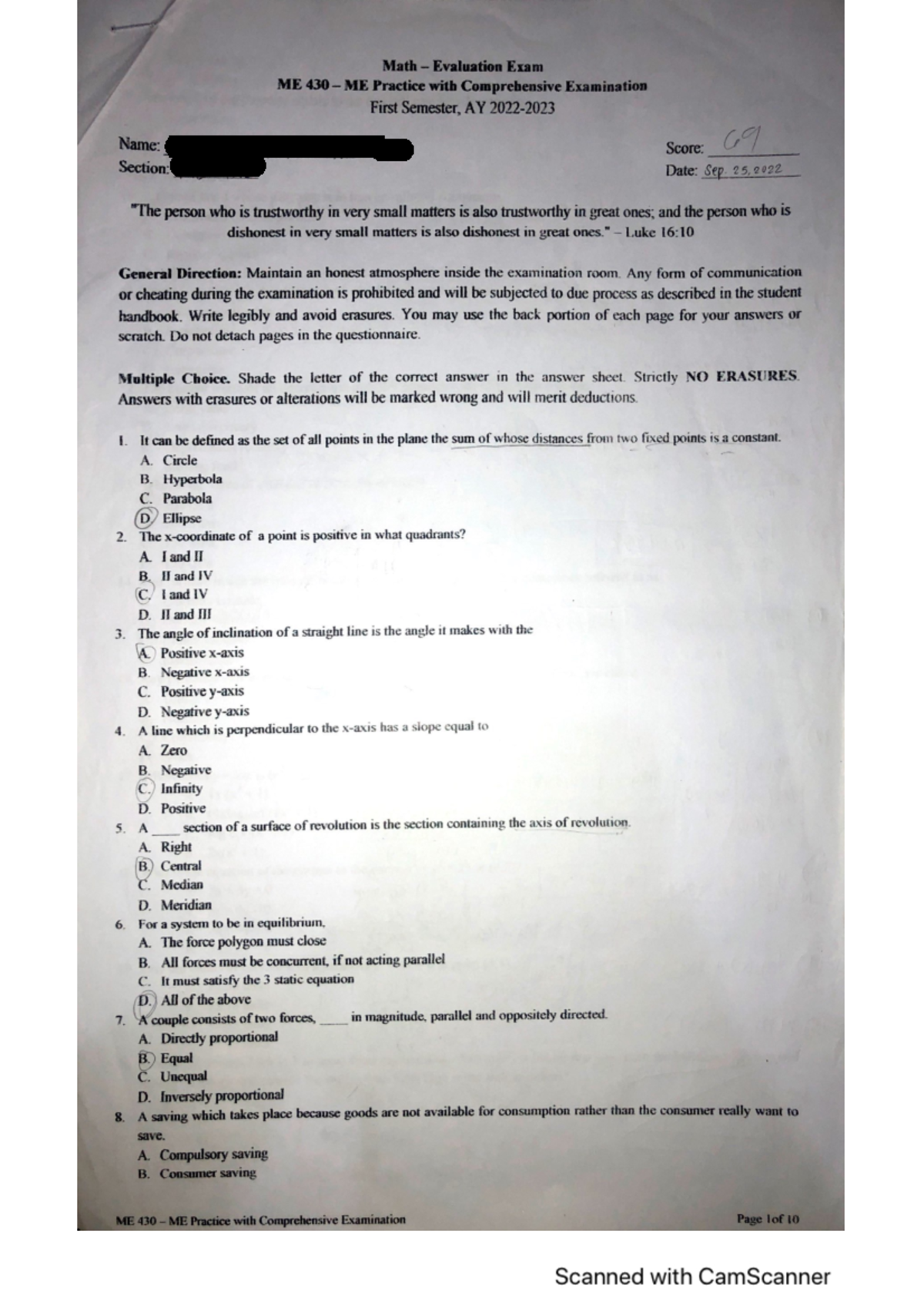 MATH Evaluation - Math sample problems. - Math Evaluation Exam ME 430 ...