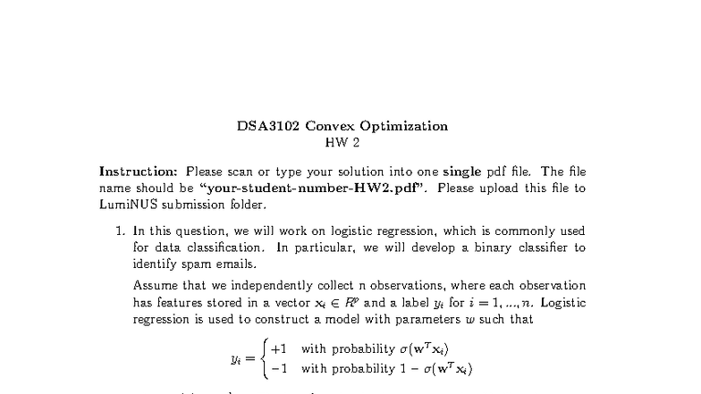 DSA3102 Convex Optimization HW2: Logistic Regression & Minimization Problems - Studocu