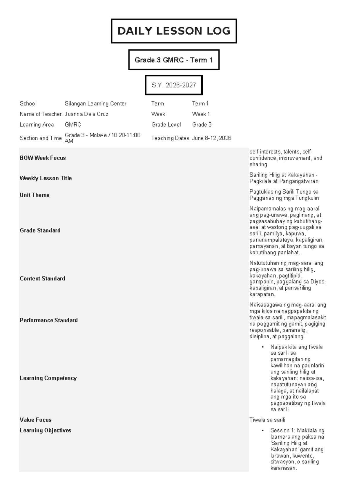 DAILY LESSON LOG Grade 3 GMRC Term 1 S.Y. 2026: Week 1 Focus on Self ...