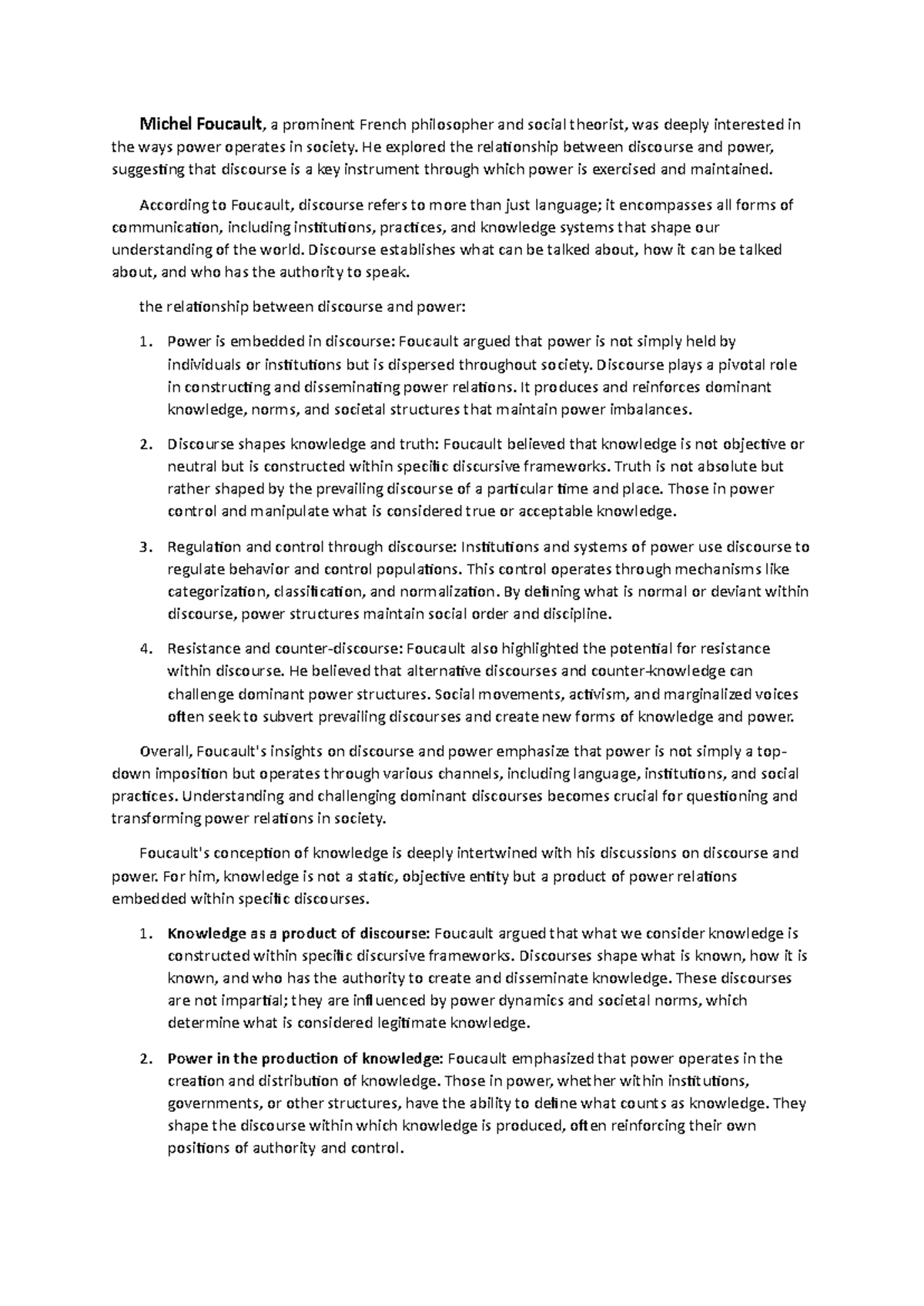 Foucault's Discourse & Power Relations: Insights and Analysis - Studocu
