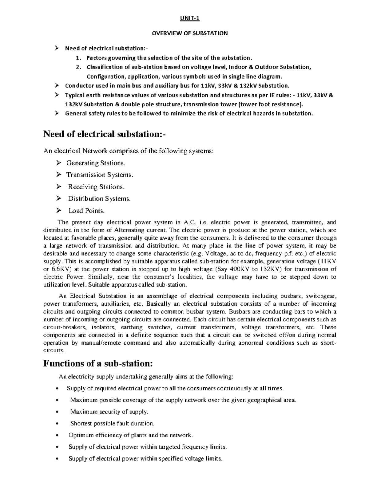 Unit 1: Electric Substation Overview and Practices for Selection - Studocu