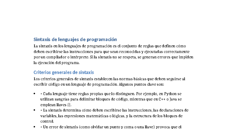 Sintaxis de Lenguajes de Programación: Reglas y Elementos Clave - Studocu