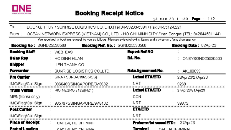 Booking Receipt Notice for BTVN - ONEYSGND25530500 - Studocu
