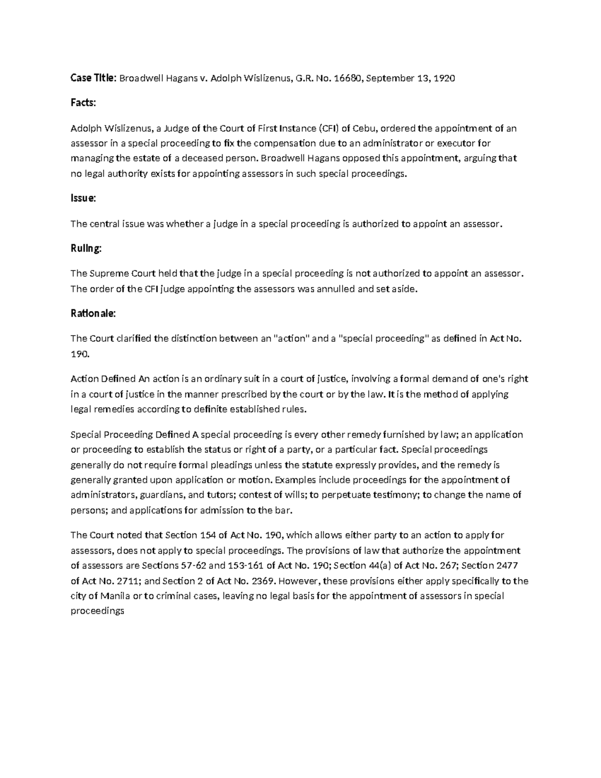 Case Study: Broadwell Hagans v. Adolph Wislizenus, G.R. No. 16680 (1920 ...