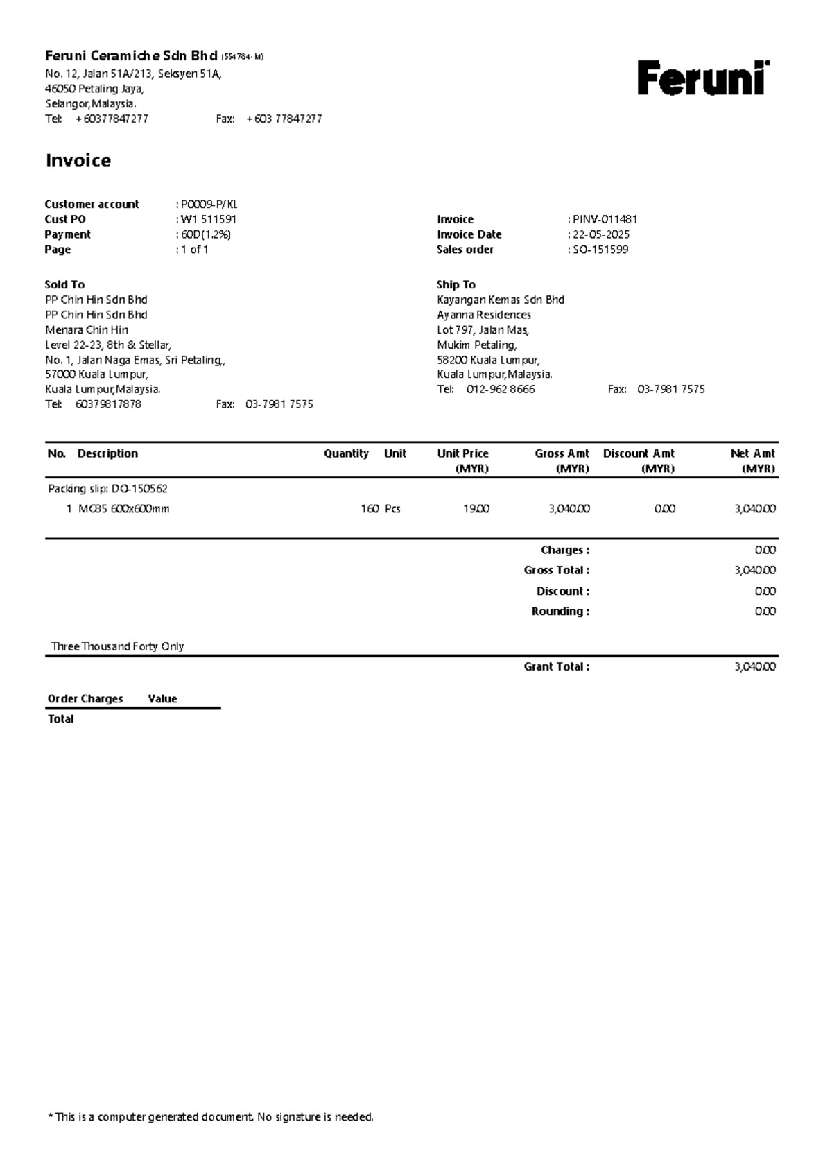 Invoice for PP Chin Hin Sdn Bhd - Feruni Ceramiche Sdn Bhd - Studocu